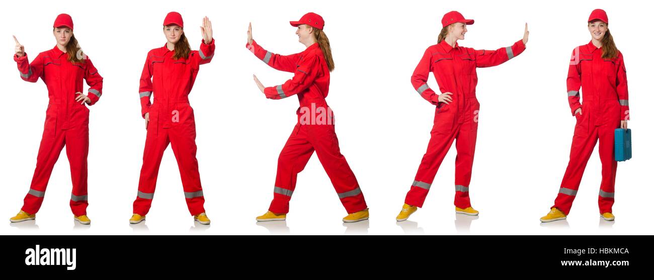 Woman in red overalls isolated on white Stock Photo - Alamy