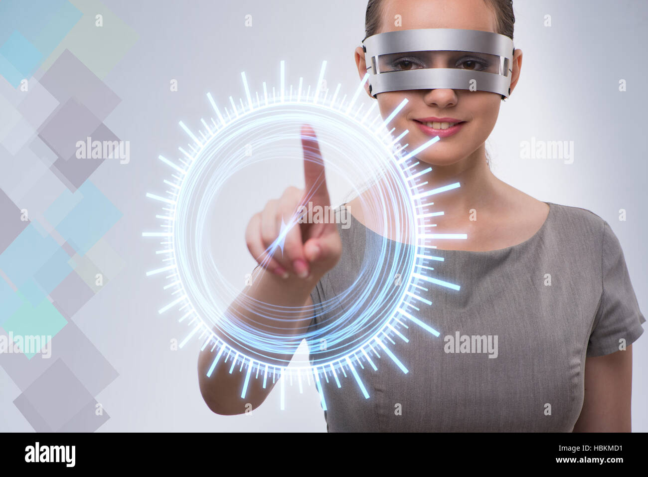 Techno girl pressing virtual buttons Stock Photo - Alamy