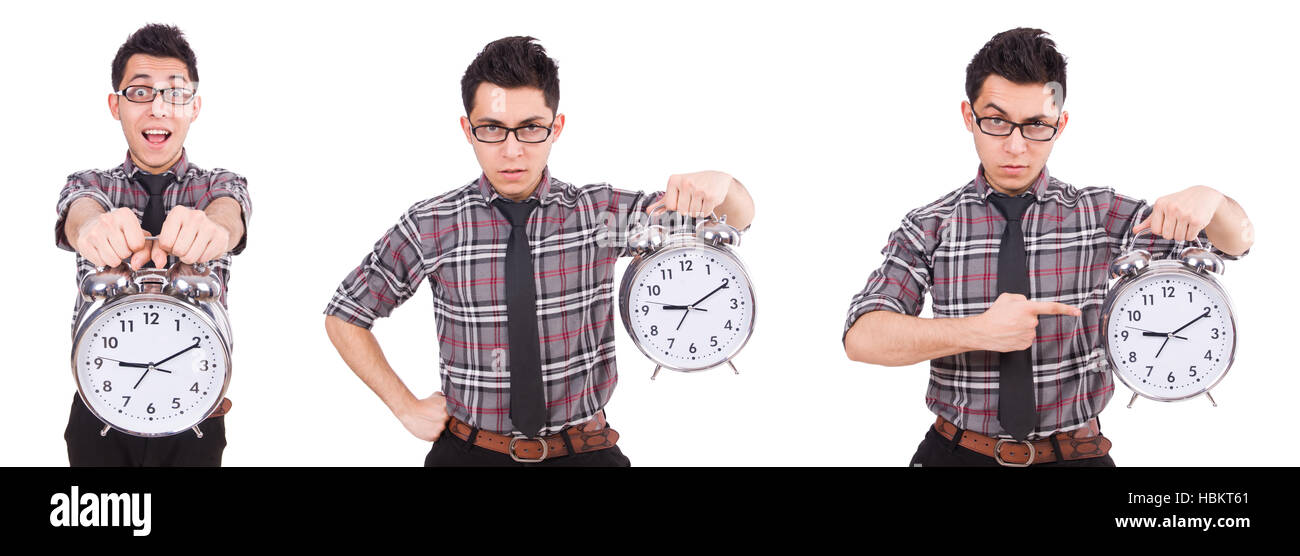 Young man with clock isolated on white Stock Photo - Alamy
