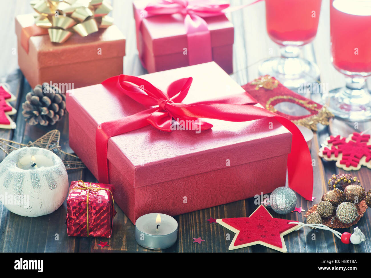 boxes for present on the wooden table, xmas background Stock Photo - Alamy