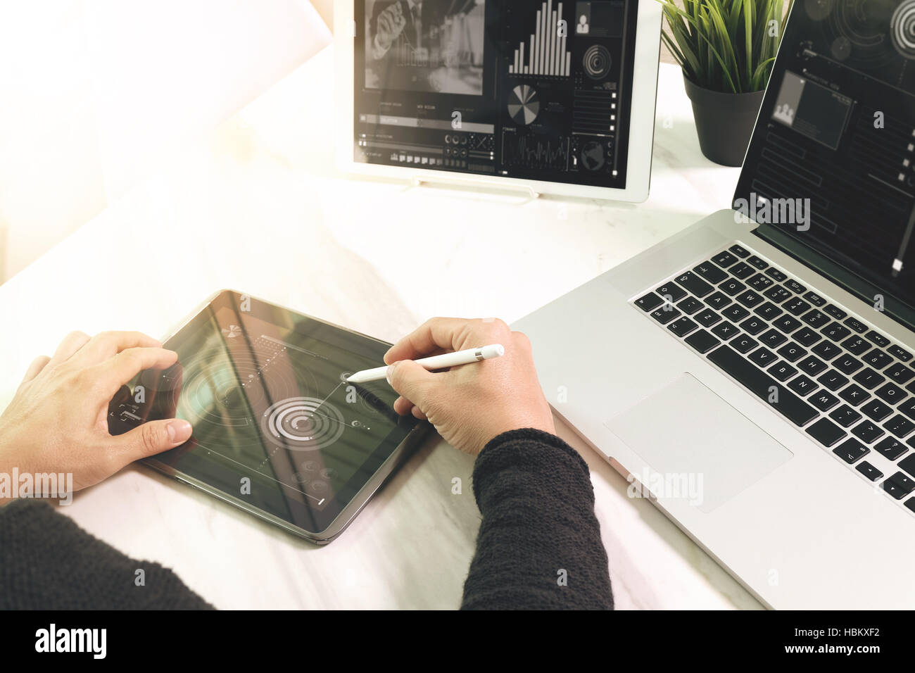 Team work concept,businessman hand attending video conference in modern ...