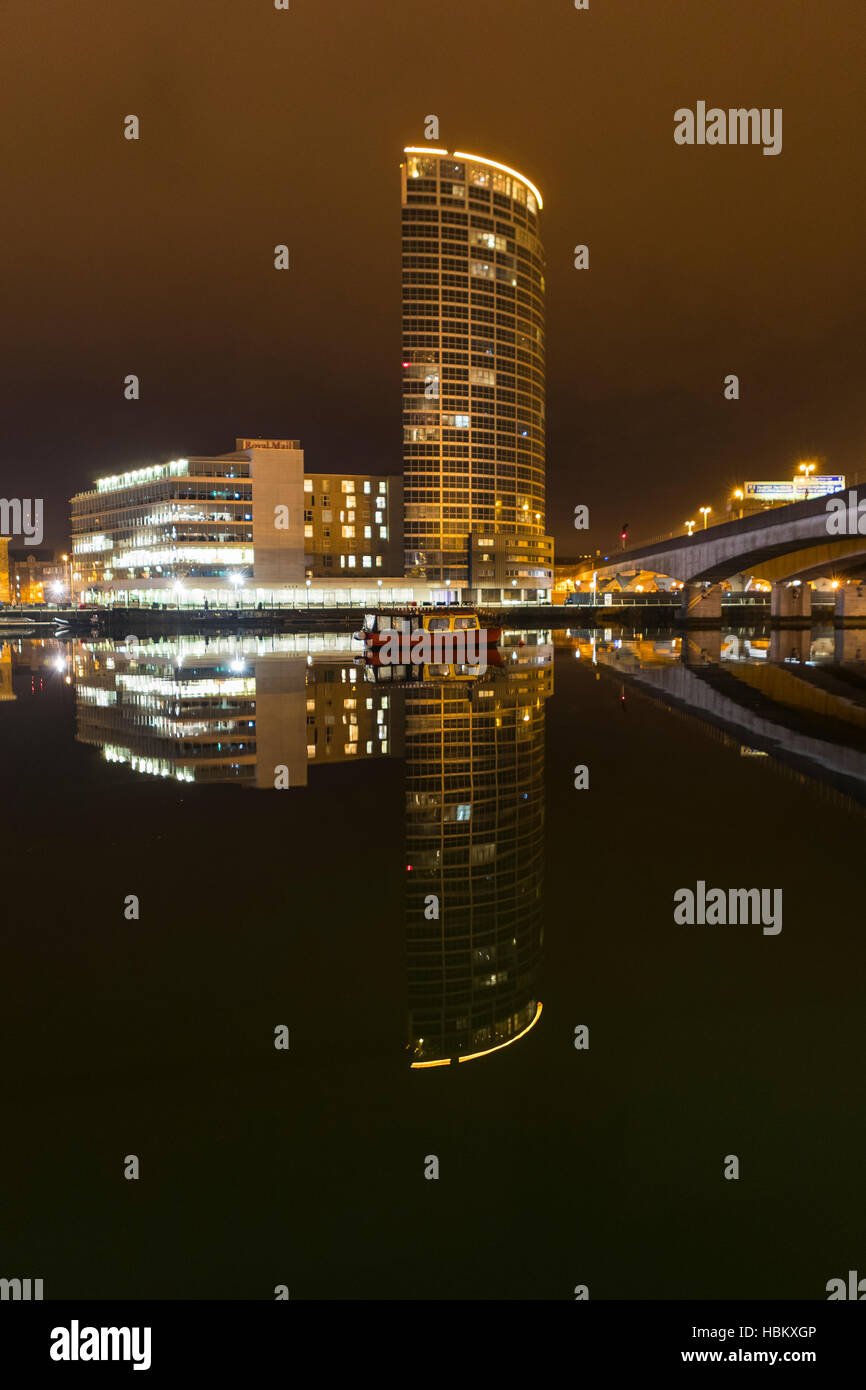 The Obel Tower and River Lagan at night. Belfast, Northern Ireland ...