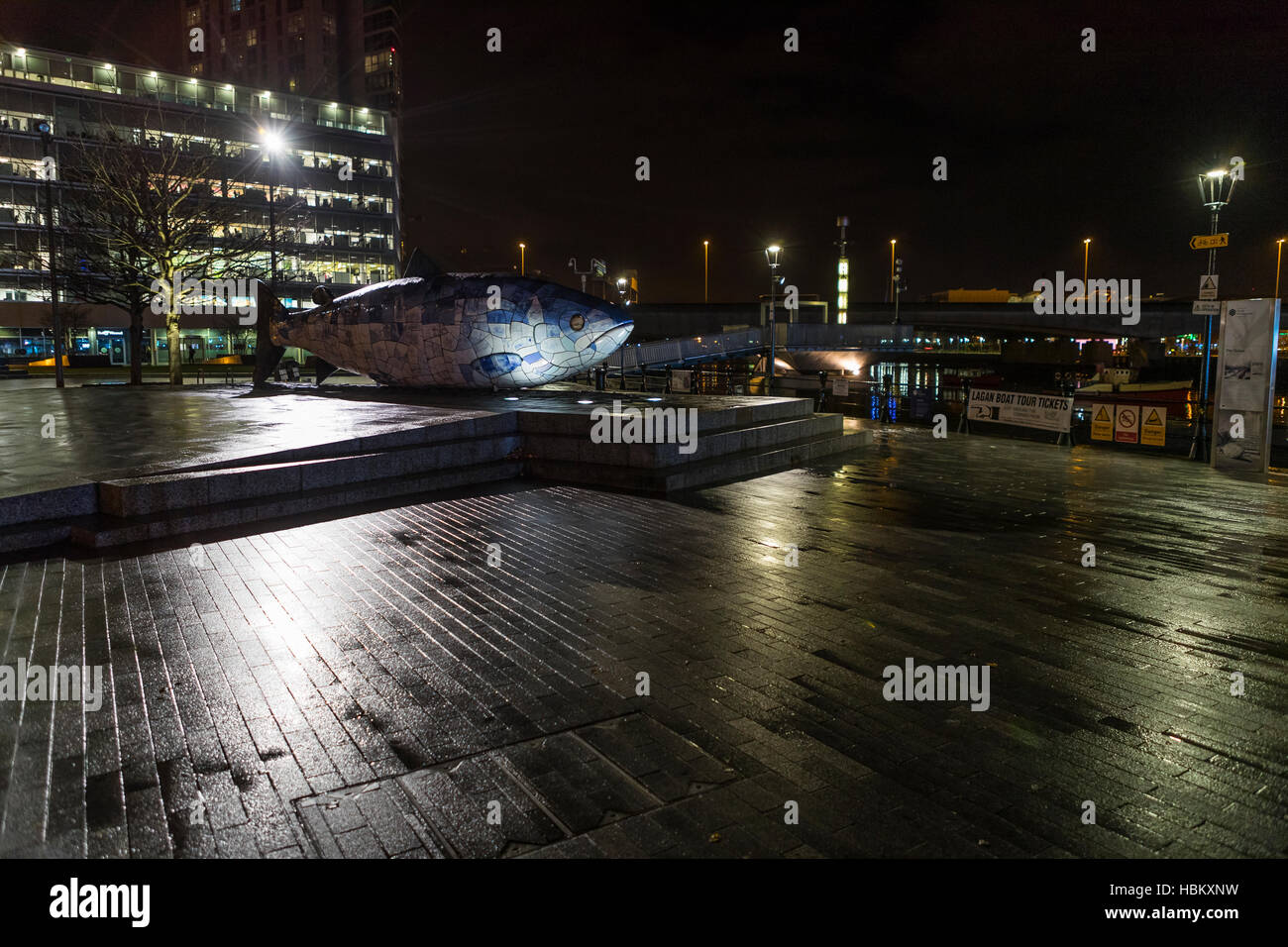 The Big Fish sculpture at night, Belfast, Northern Ireland Stock Photo ...