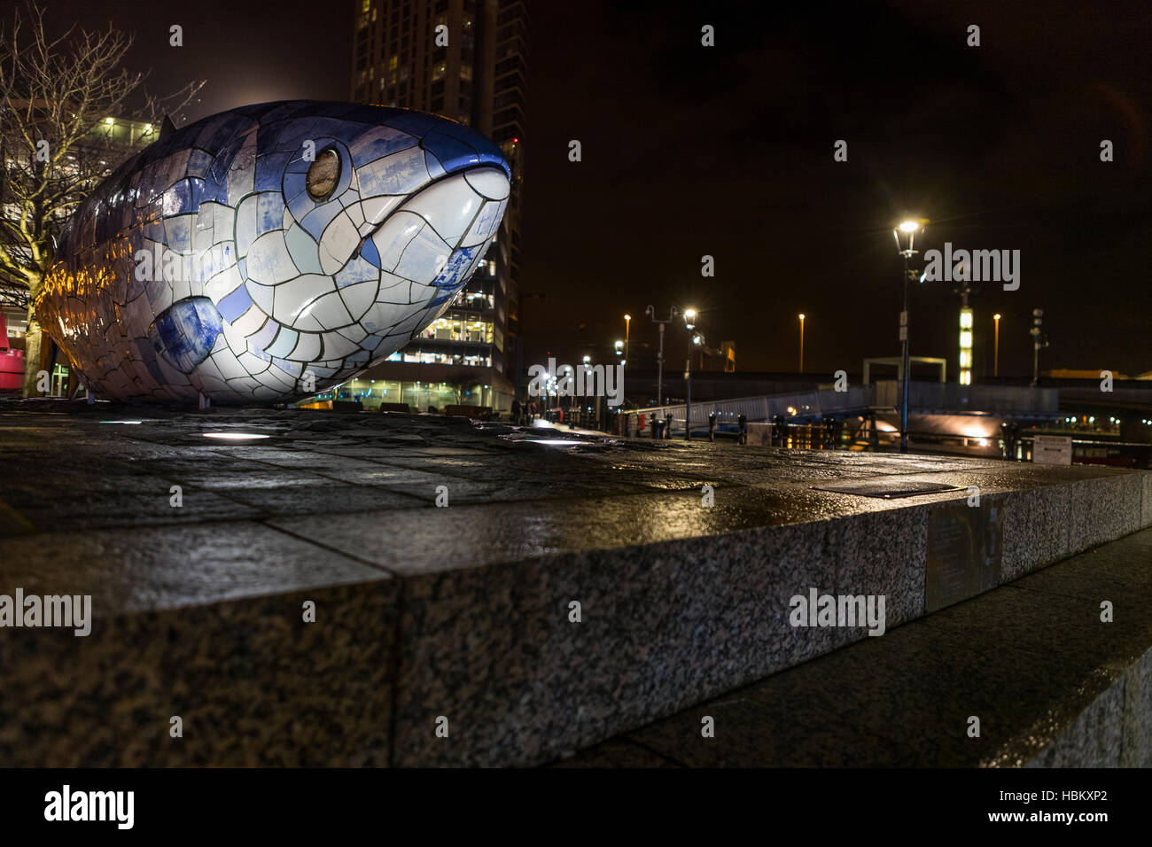 The Big Fish sculpture at night, Belfast, Northern Ireland Stock Photo ...