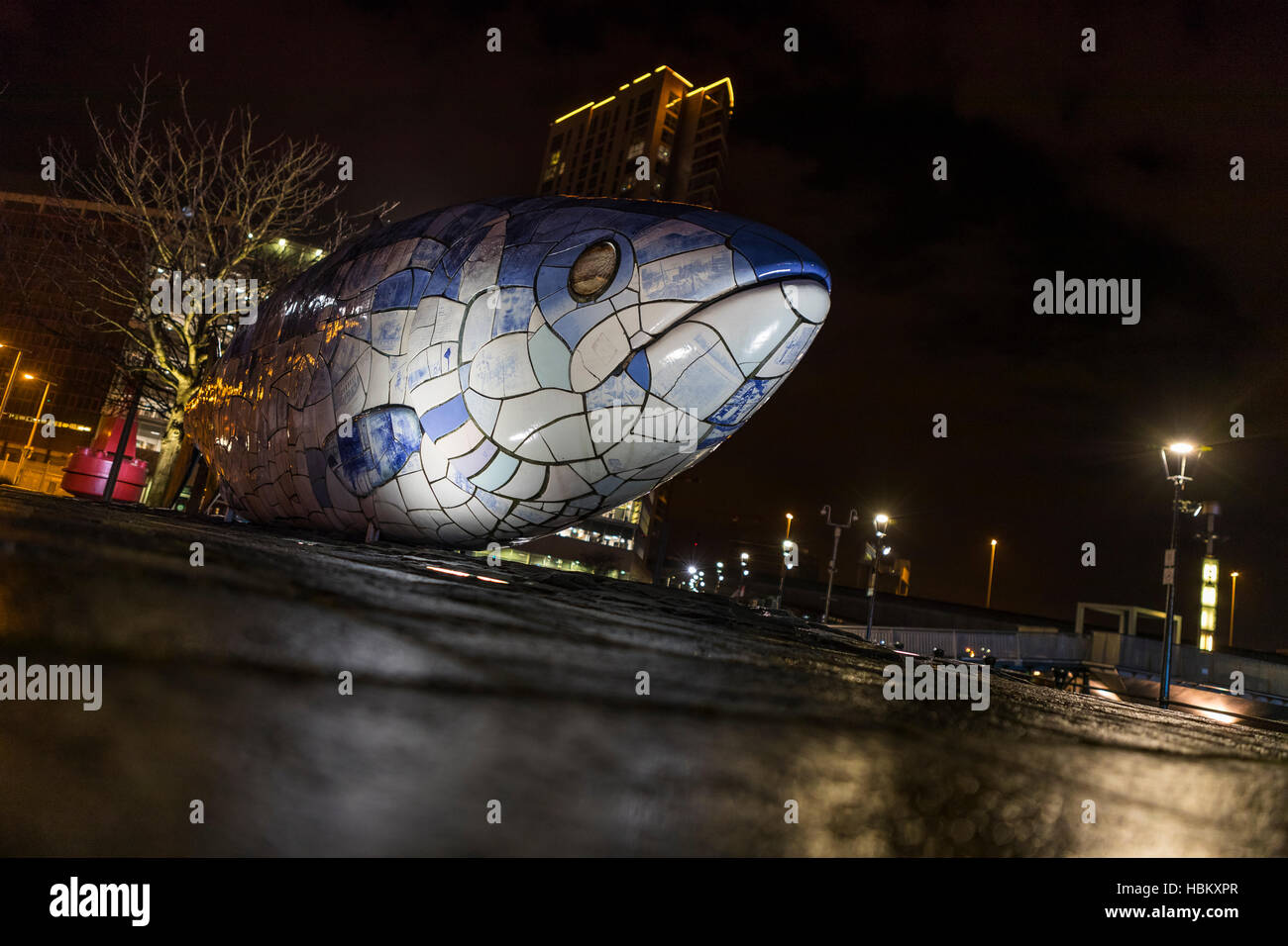 The Big Fish sculpture at night, Belfast, Northern Ireland Stock Photo ...