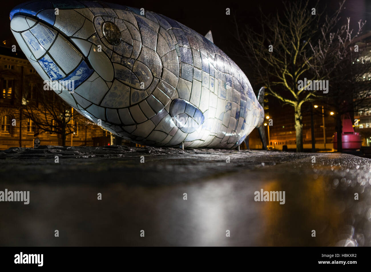 The Big Fish sculpture at night, Belfast, Northern Ireland Stock Photo ...