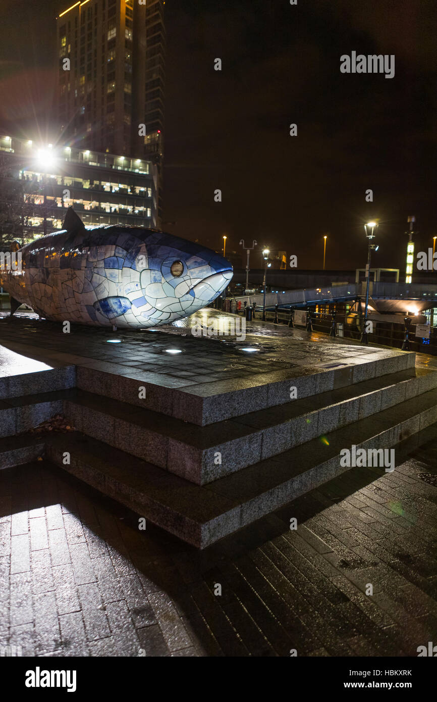 The Big Fish sculpture at night, Belfast, Northern Ireland Stock Photo ...
