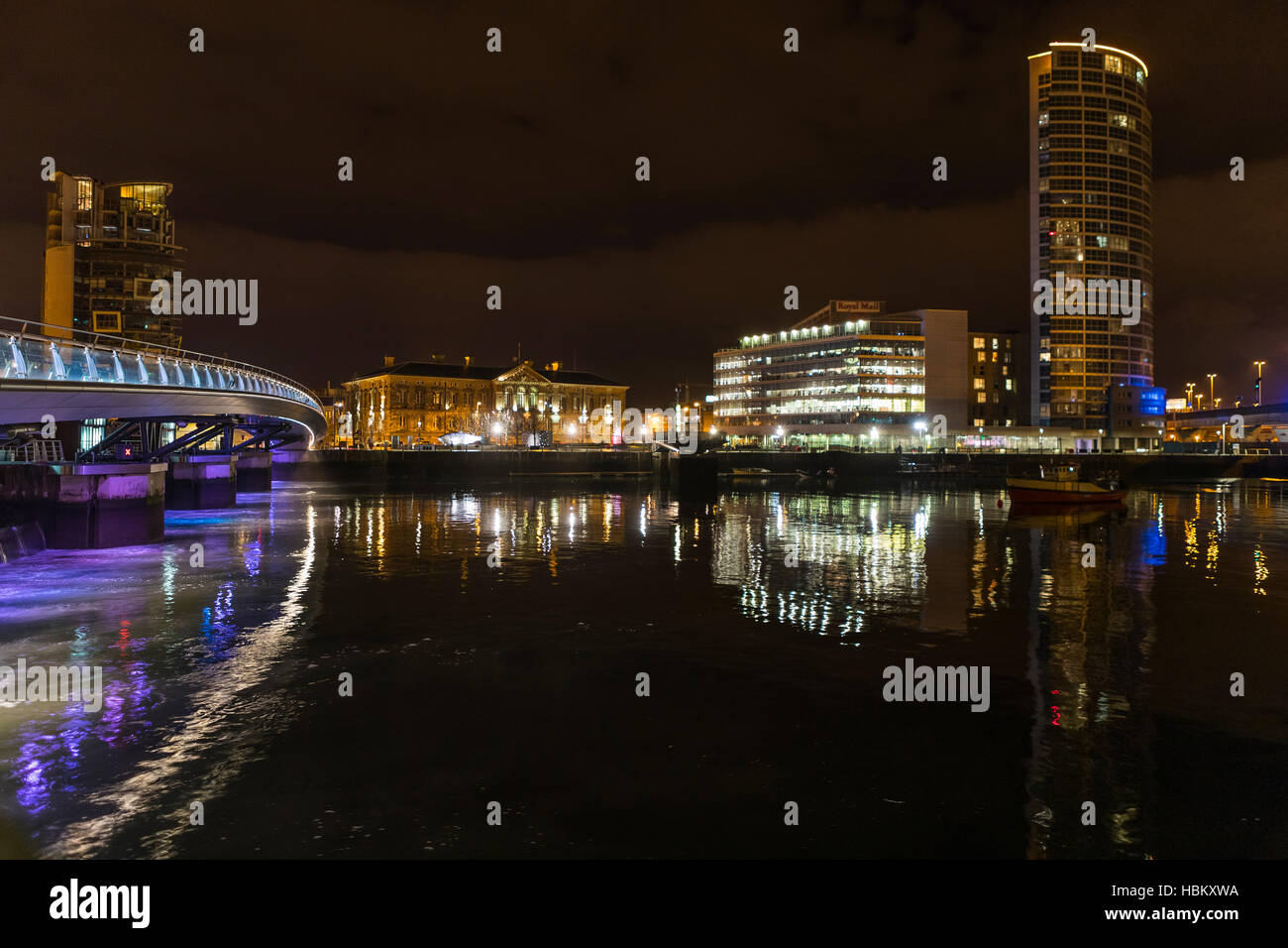 The Lagan Bridge and Custom House and Obel building at night, Belfast ...