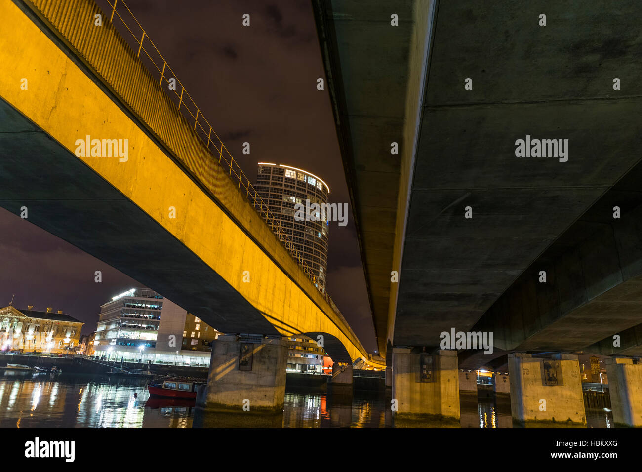The Obel building from beneath the M3 river crossing, Belfast, Northern ...