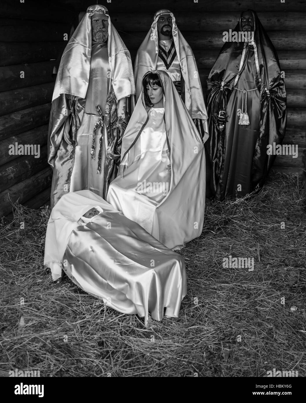 Catholic religious figures nativity Black and White Stock Photos ...