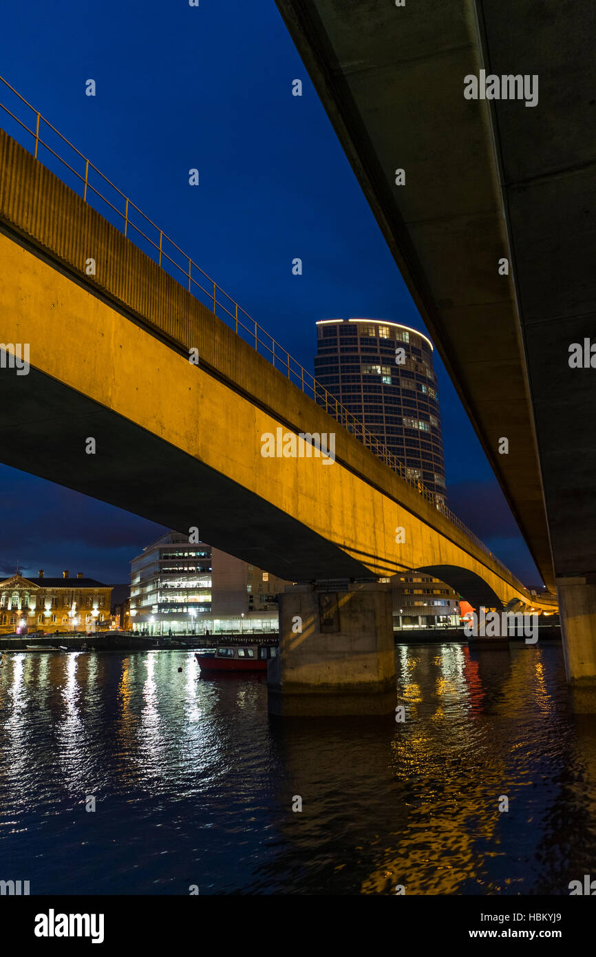 The Obel Tower and the River Lagan, Belfast, Northern Ireland at night ...
