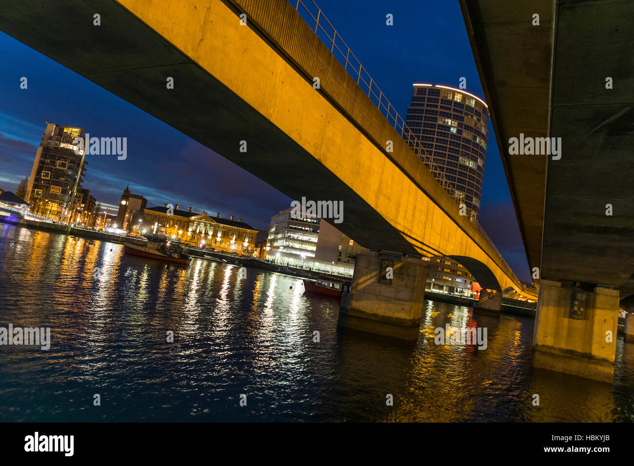 The Obel Tower and the River Lagan, Belfast, Northern Ireland at night ...