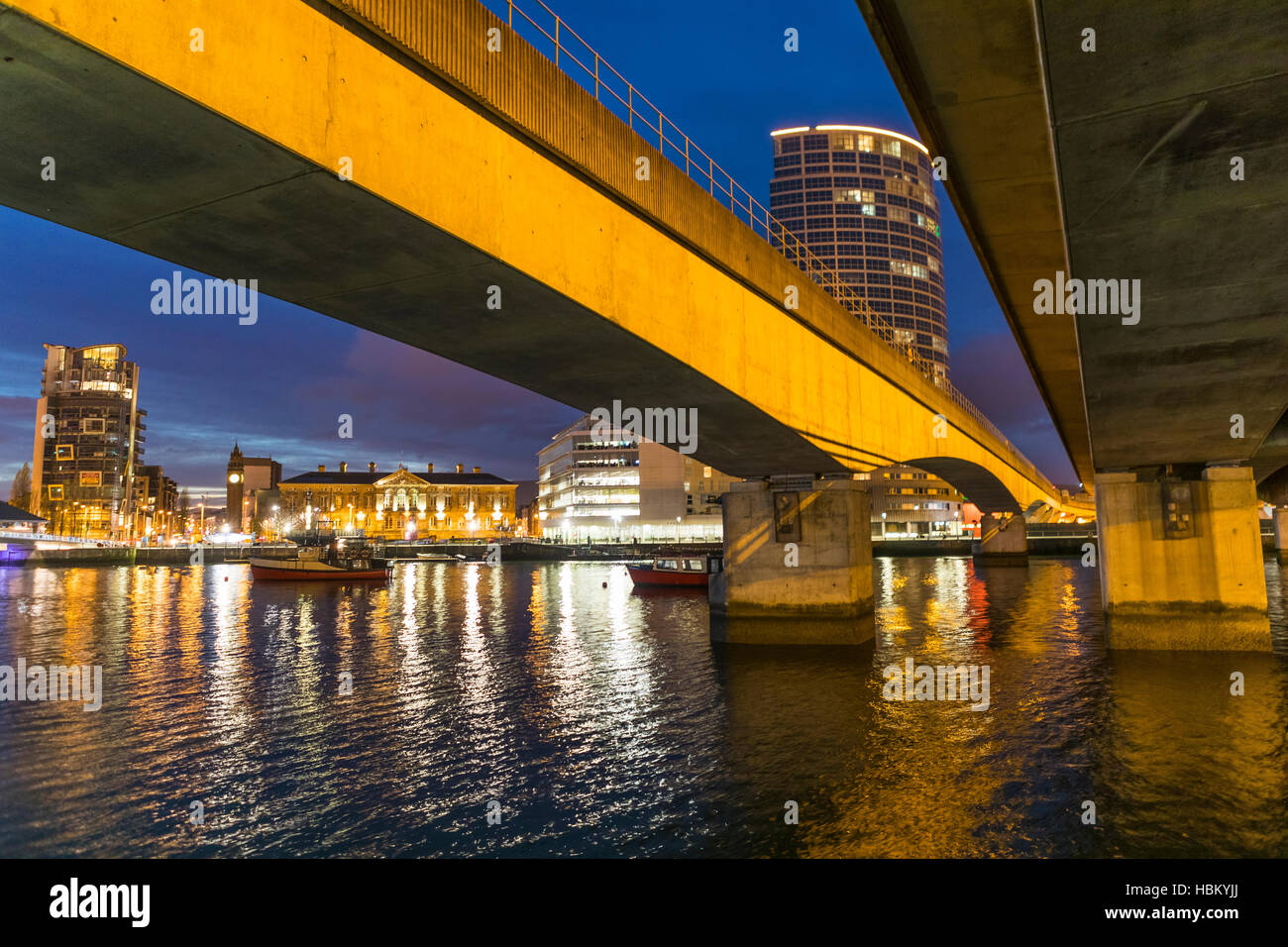 The Obel Tower and the River Lagan, Belfast, Northern Ireland at night ...