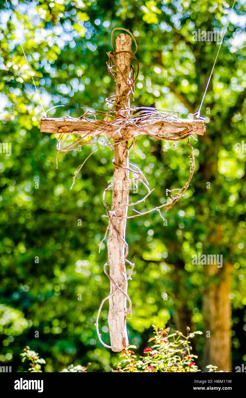 wood cross on green nature background Stock Photo - Alamy