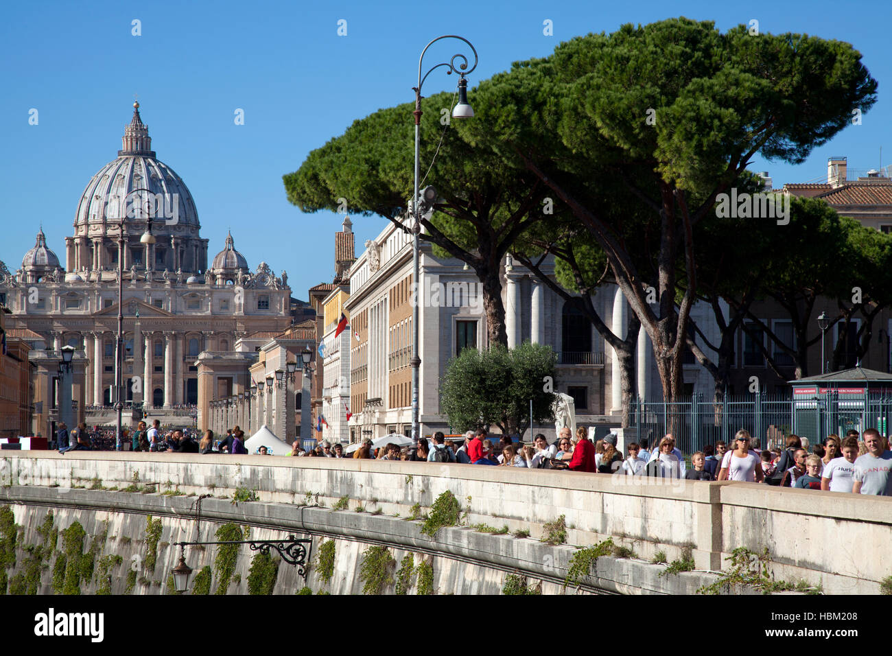 Rome, Saint Peters Basilica from Ponte Sant'Angelo with tree and ...