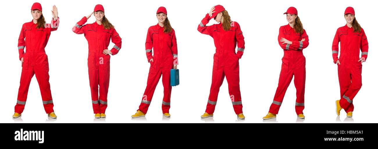 Woman in red overalls isolated on white Stock Photo - Alamy