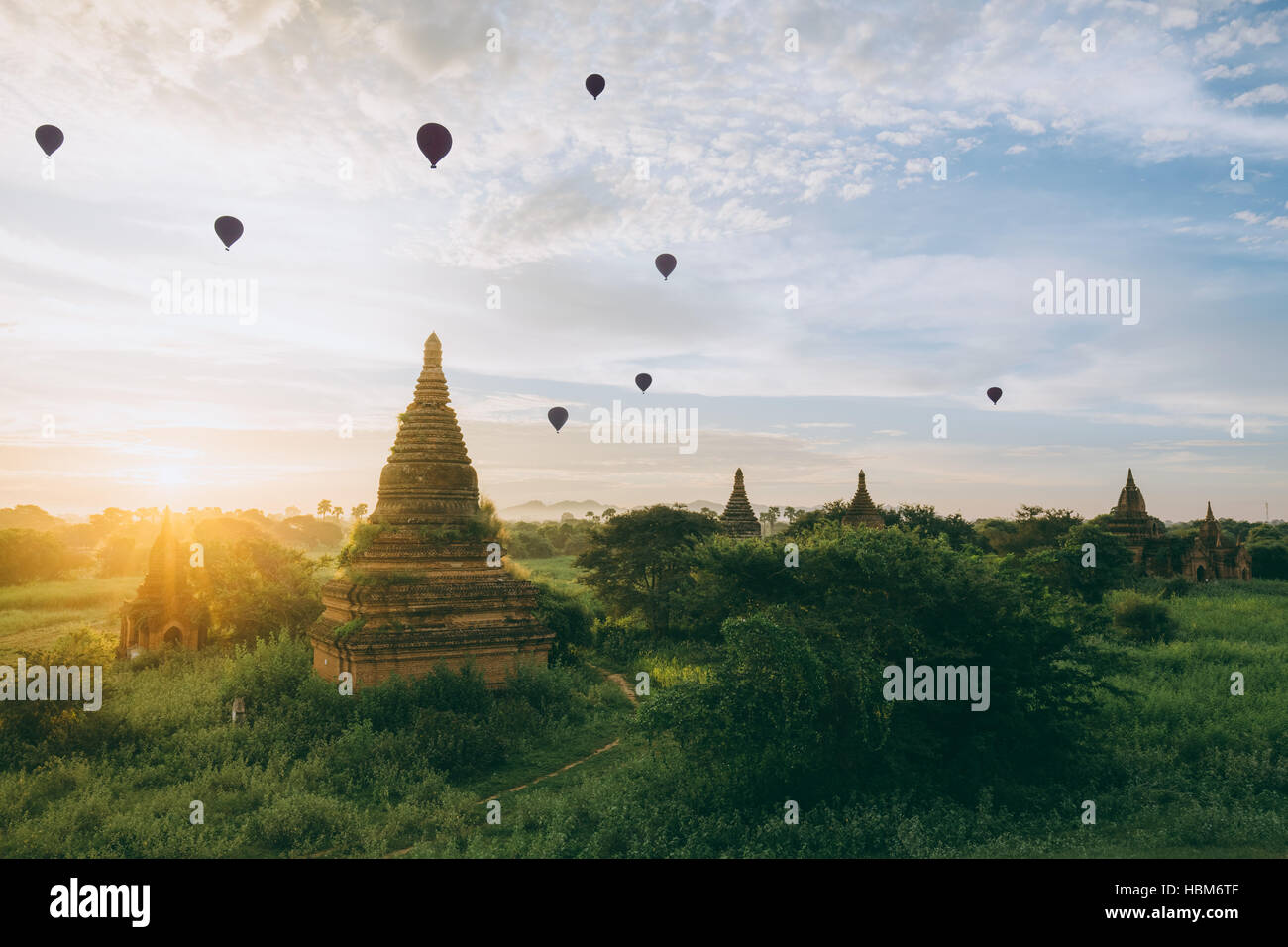 Beautiful sunrise over Bagan Stupas and temples in Myanmar Stock Photo ...