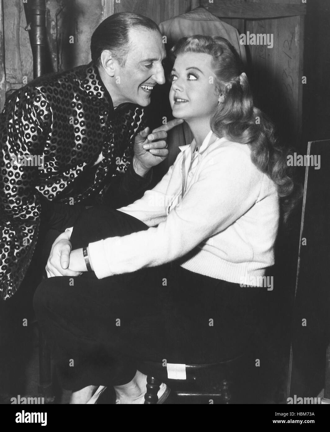 COURT JESTER, Basil Rathbone, Angela Lansbury, joking on the set, 1956 ...