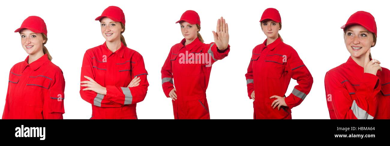 Woman in red overalls isolated on white Stock Photo - Alamy