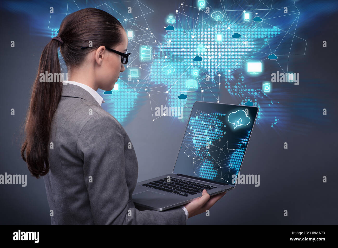Woman in cloud computing concept Stock Photo - Alamy