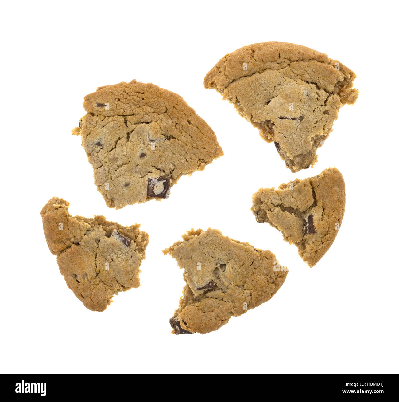 A double chocolate chip cookie that has been broken into pieces ...