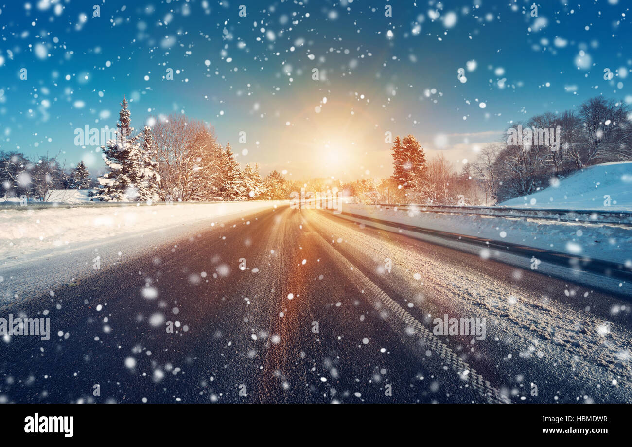 Car on winter road Stock Photo - Alamy