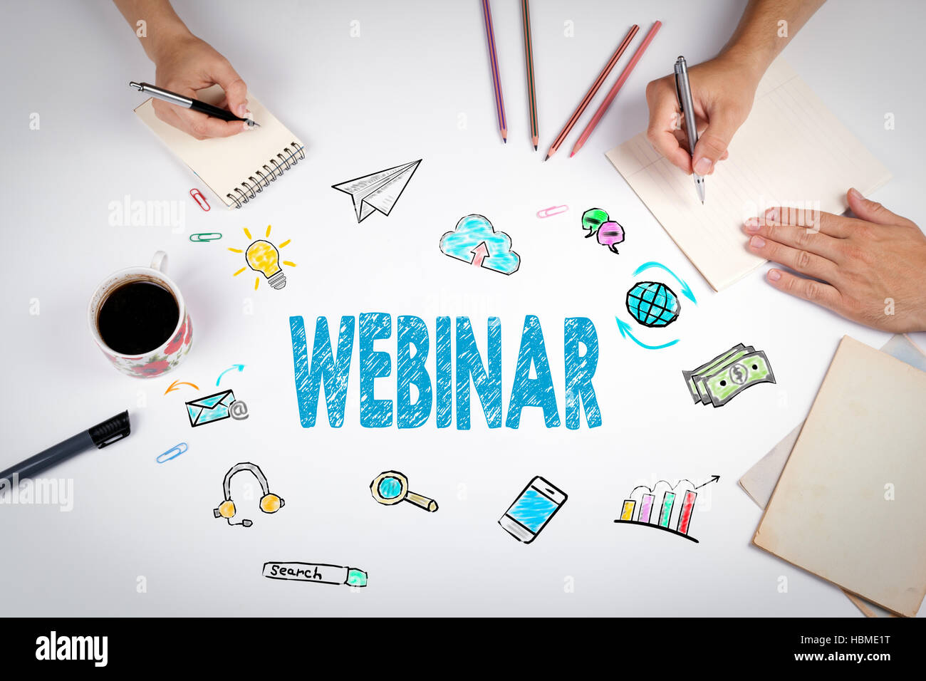 Webinar Concept. The meeting at the white office table Stock Photo - Alamy