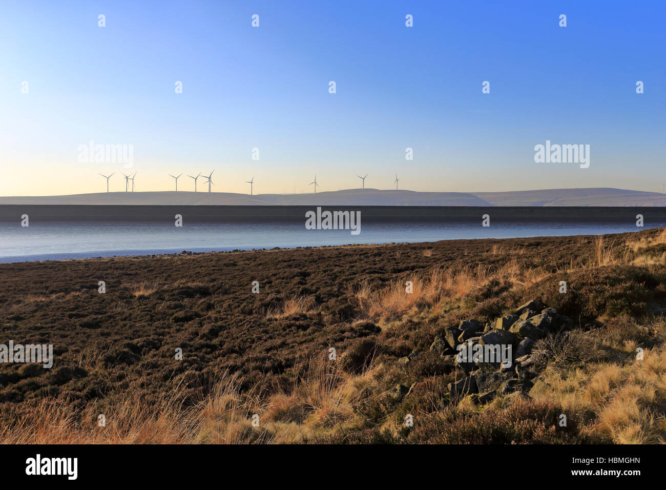 Crook Hill wind farm above Littleborough across Warland Reservoir near ...
