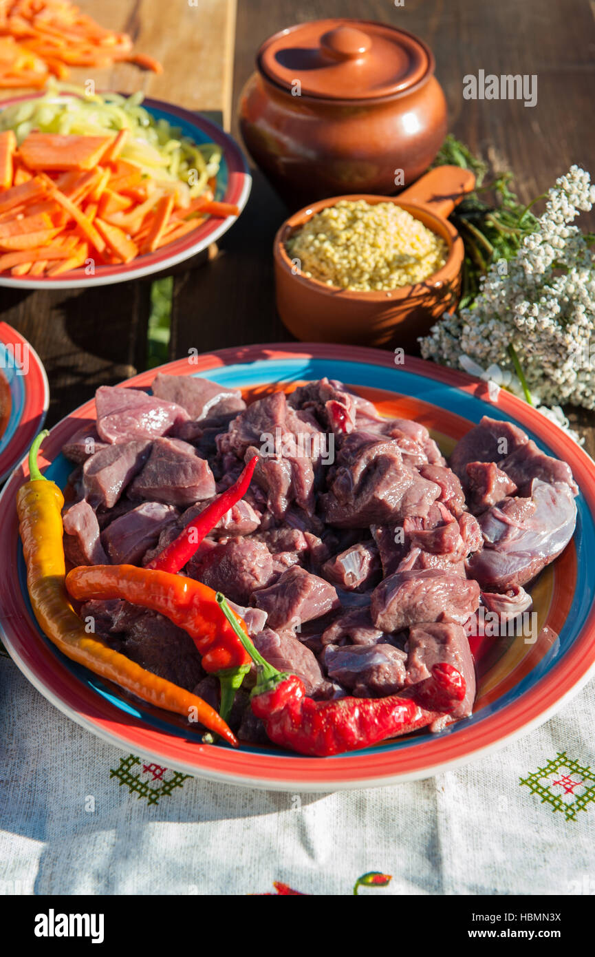 Russian table with raw meat Stock Photo - Alamy