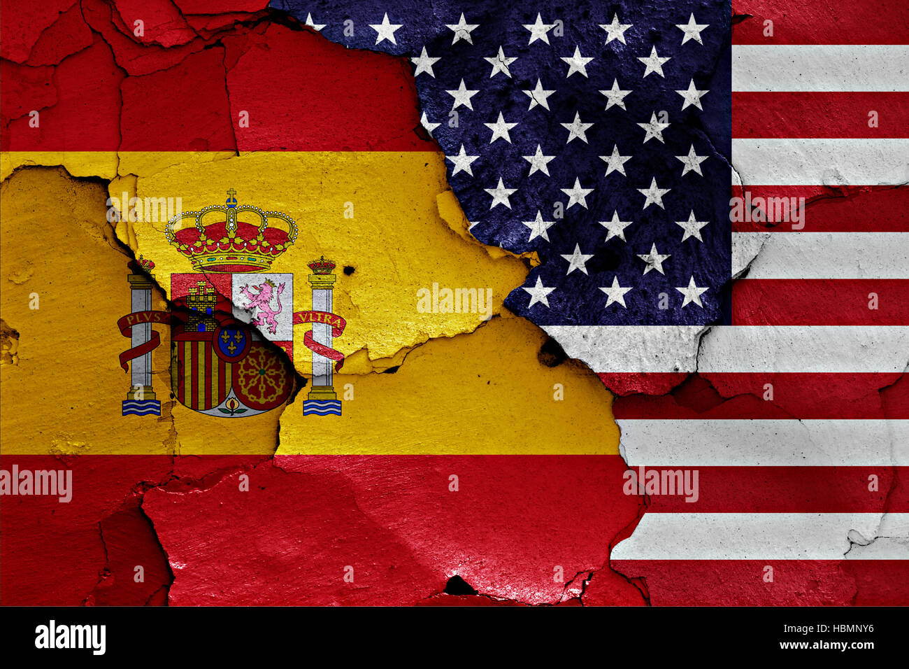 flags of Spain and USA painted on cracked wall Stock Photo - Alamy