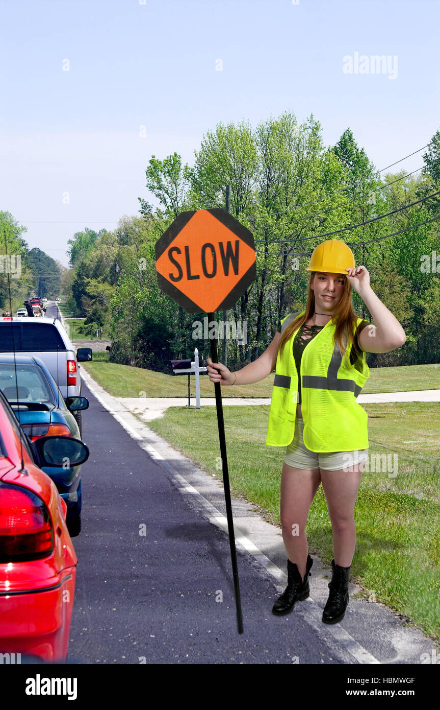 Workman with Stop Sign Stock Photo - Alamy