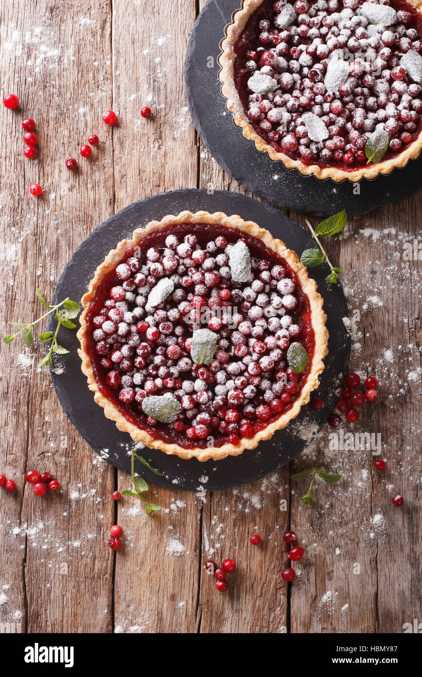 Freshly baked cranberry tart with powdered sugar and mint close-up on ...