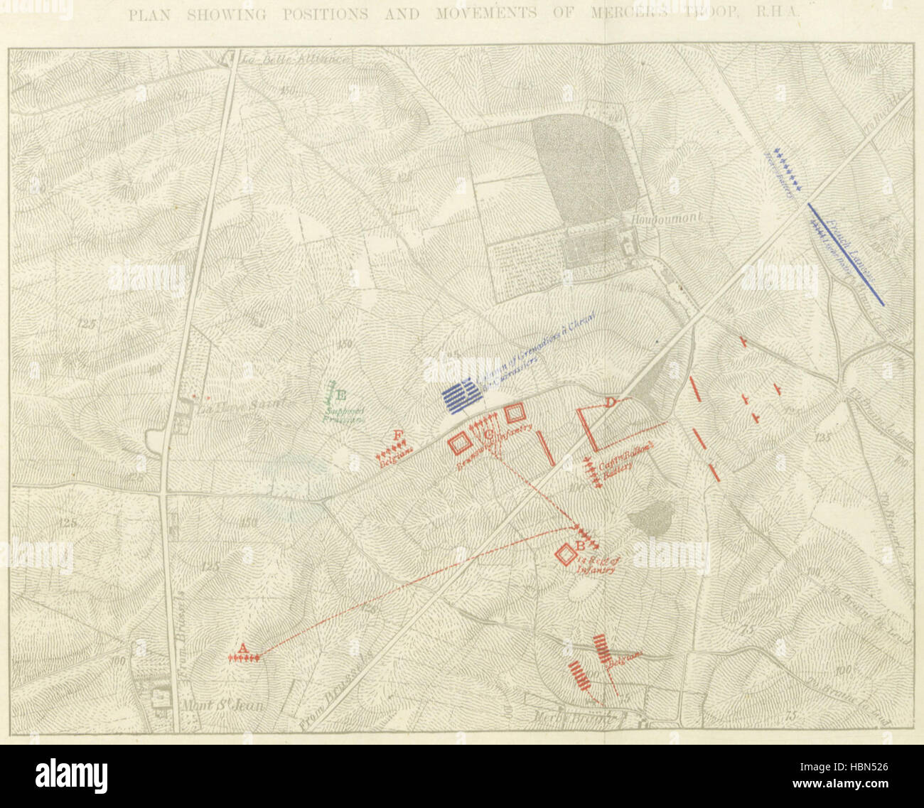The illustration depicts the Waterloo campaign of 1815, showing ...