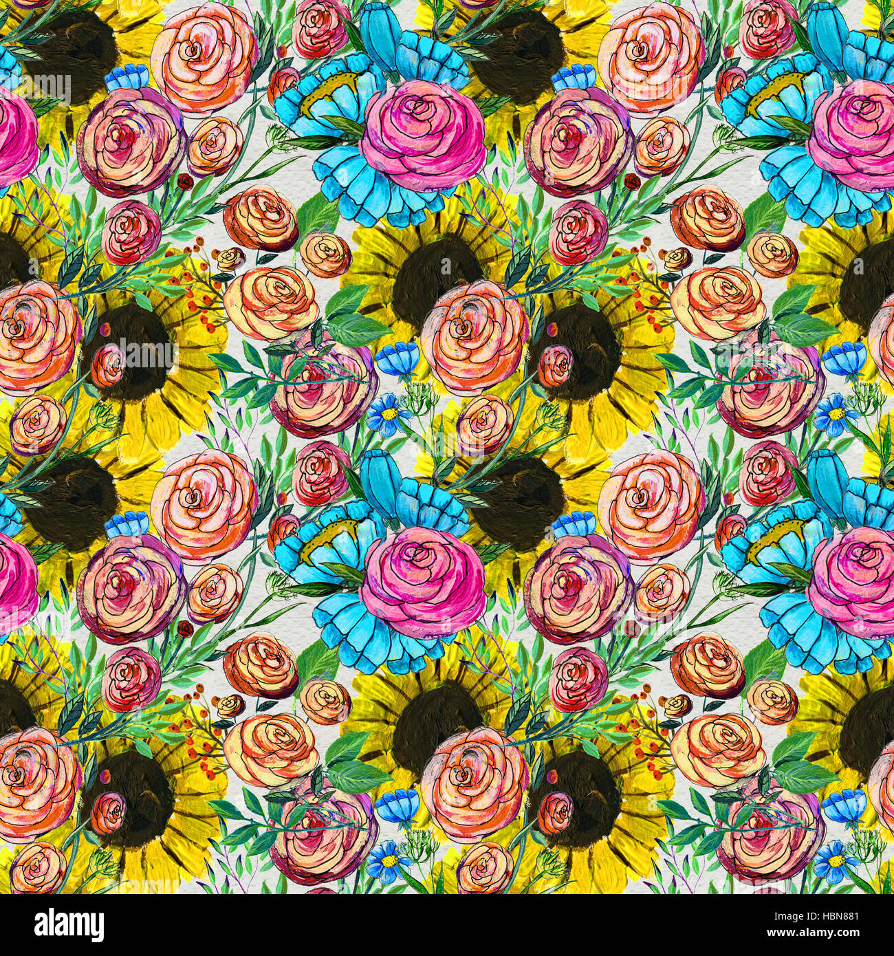 Seamless pattern with blue yellow and pink flowers Stock Photo - Alamy
