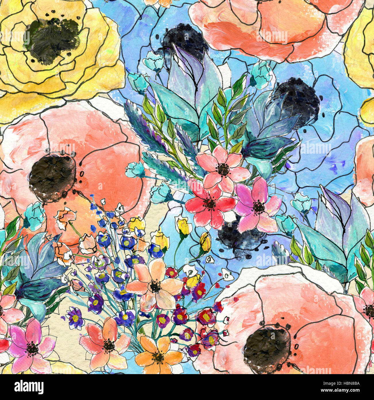 Seamless pattern with colorful flowers Stock Photo - Alamy