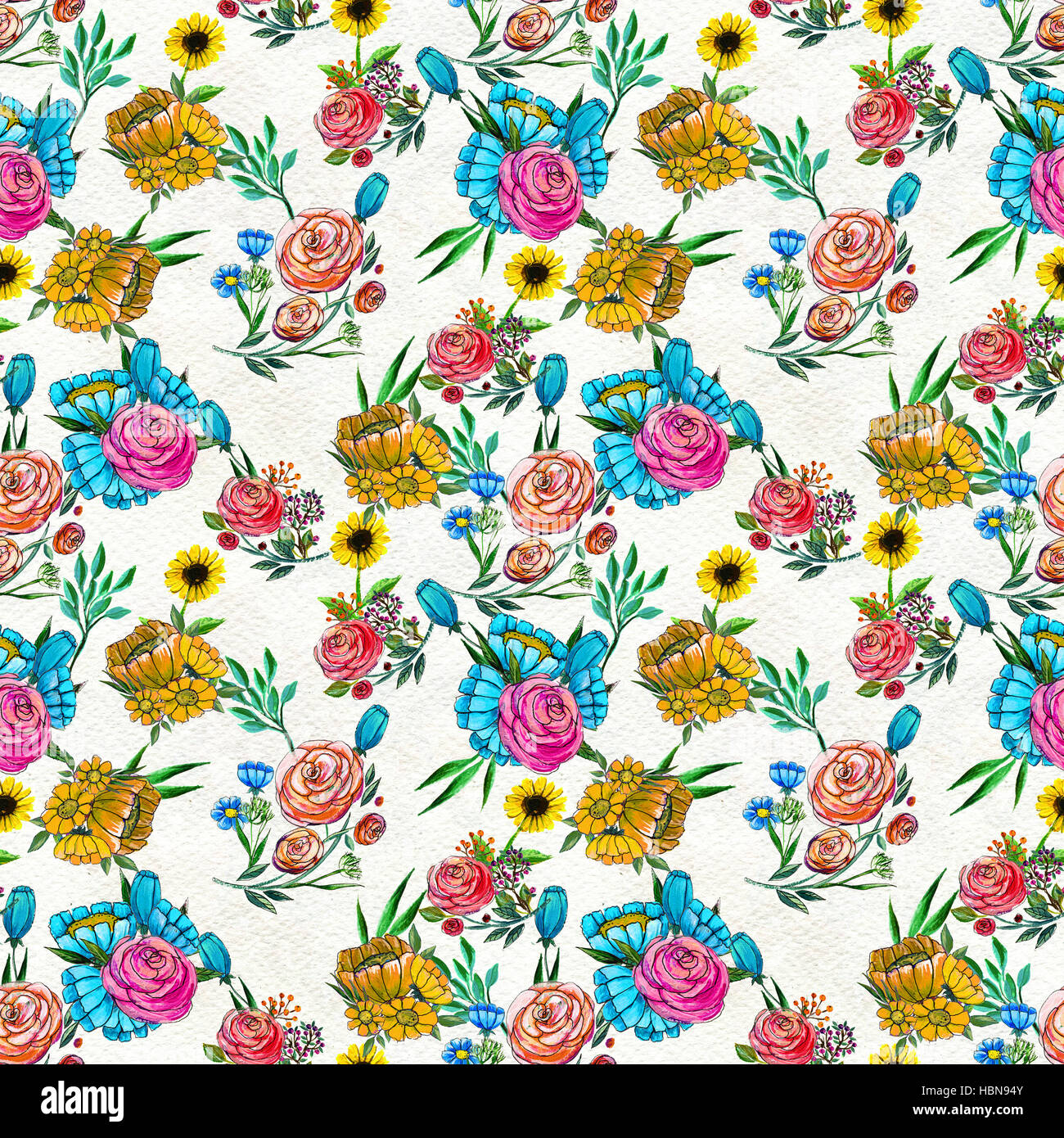 Seamless pattern with blue yellow and pink flowers Stock Photo - Alamy