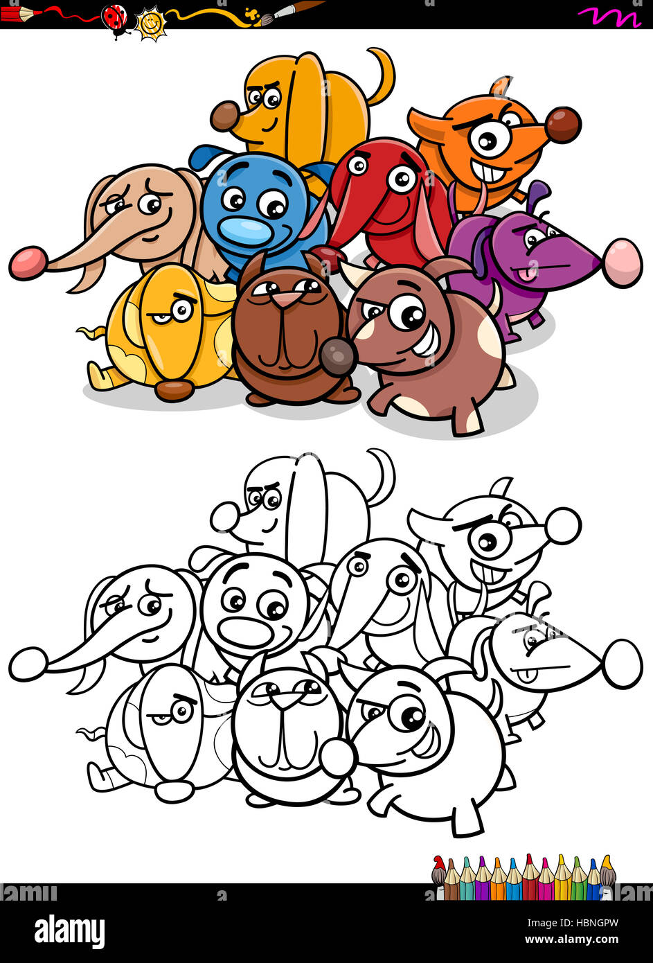 dogs group coloring book Stock Photo - Alamy
