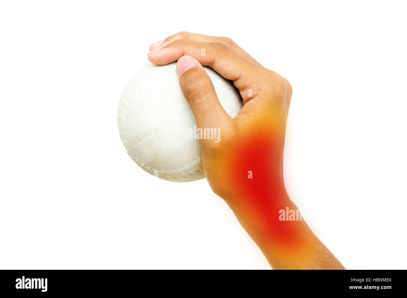 hand for catch the ball with red and yellow pain on white background ...