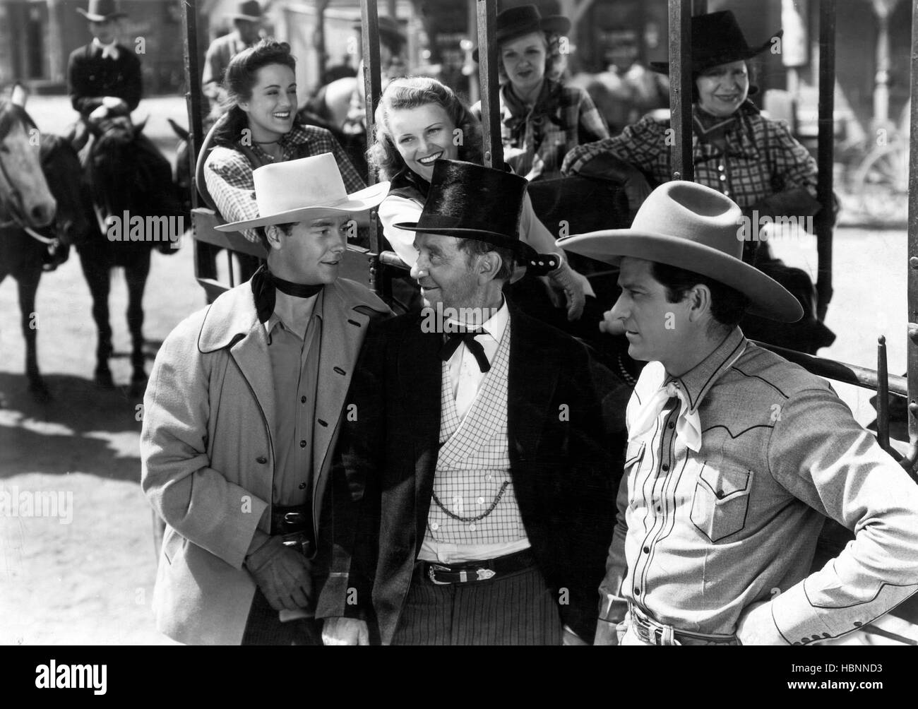 DUDE COWBOY, Tim Holt (l), Marjorie Reynolds (top, ctr), Ray Whitley (r ...