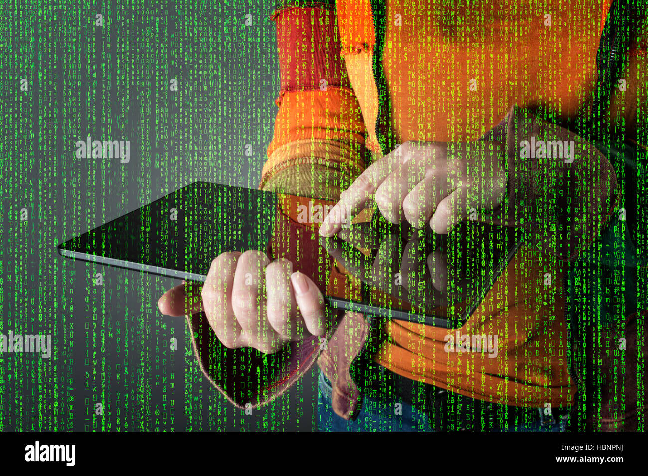 Hacker with graphic user interface around. Computer security concept ...