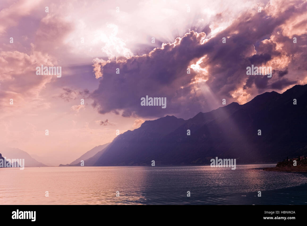 swiss lake at sunset in brienz, Switzerland Stock Photo - Alamy
