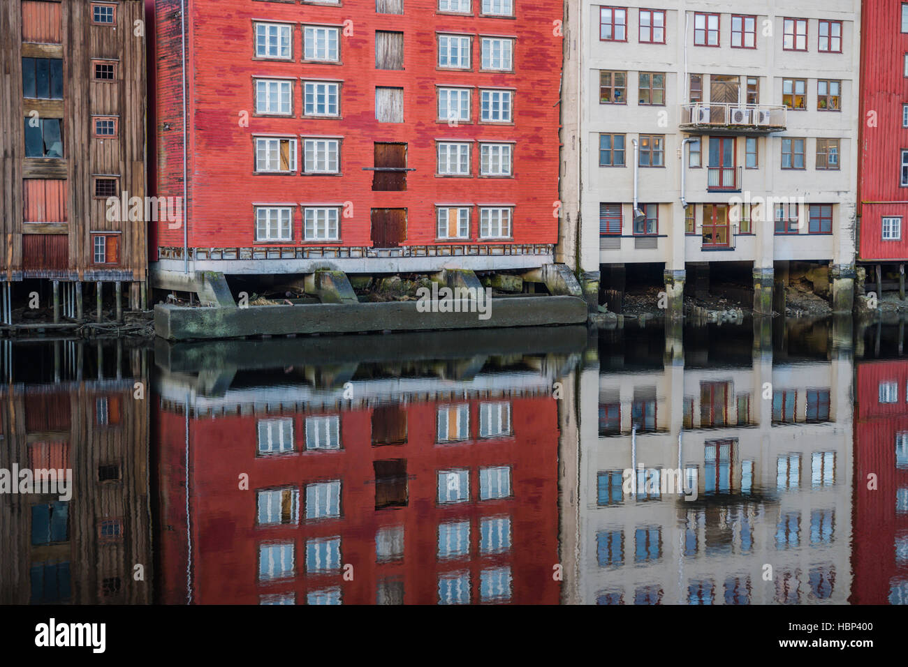 Historic timber buildings in Trondheim, Norway. Many of the buildings ...
