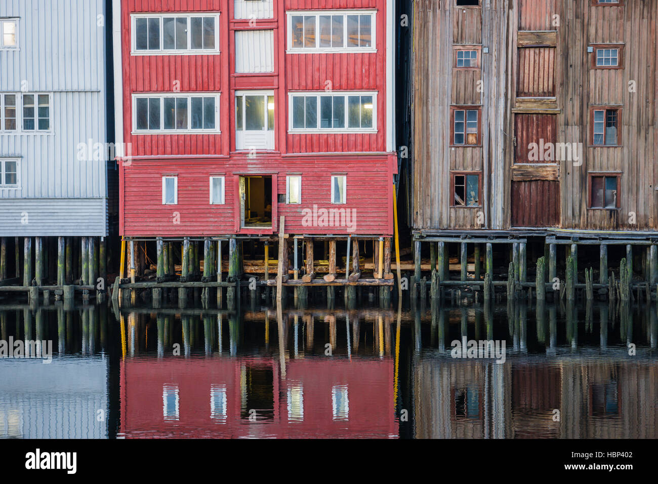 Historic timber buildings in Trondheim, Norway. Many of the buildings ...