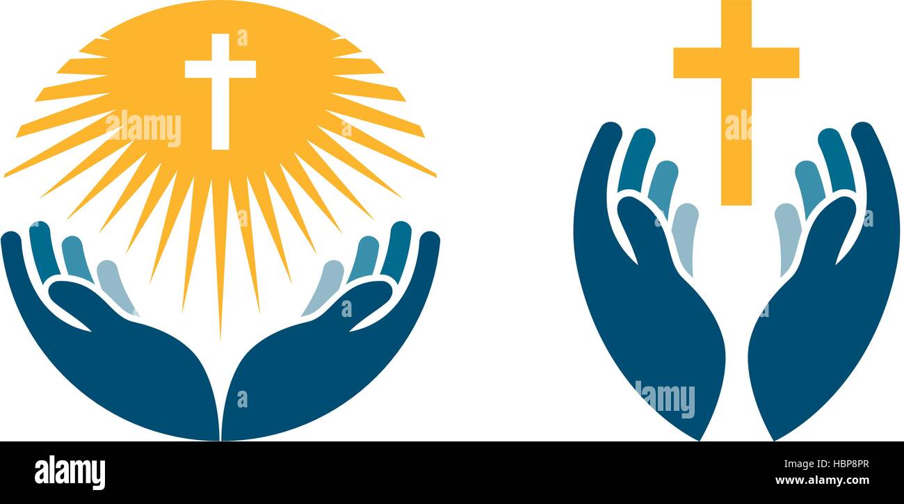 Hands holding Cross, icons or symbols. Religion, Church vector logo ...