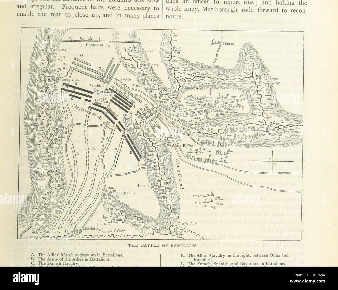 The illustration depicts British battles on land and sea, showing ...