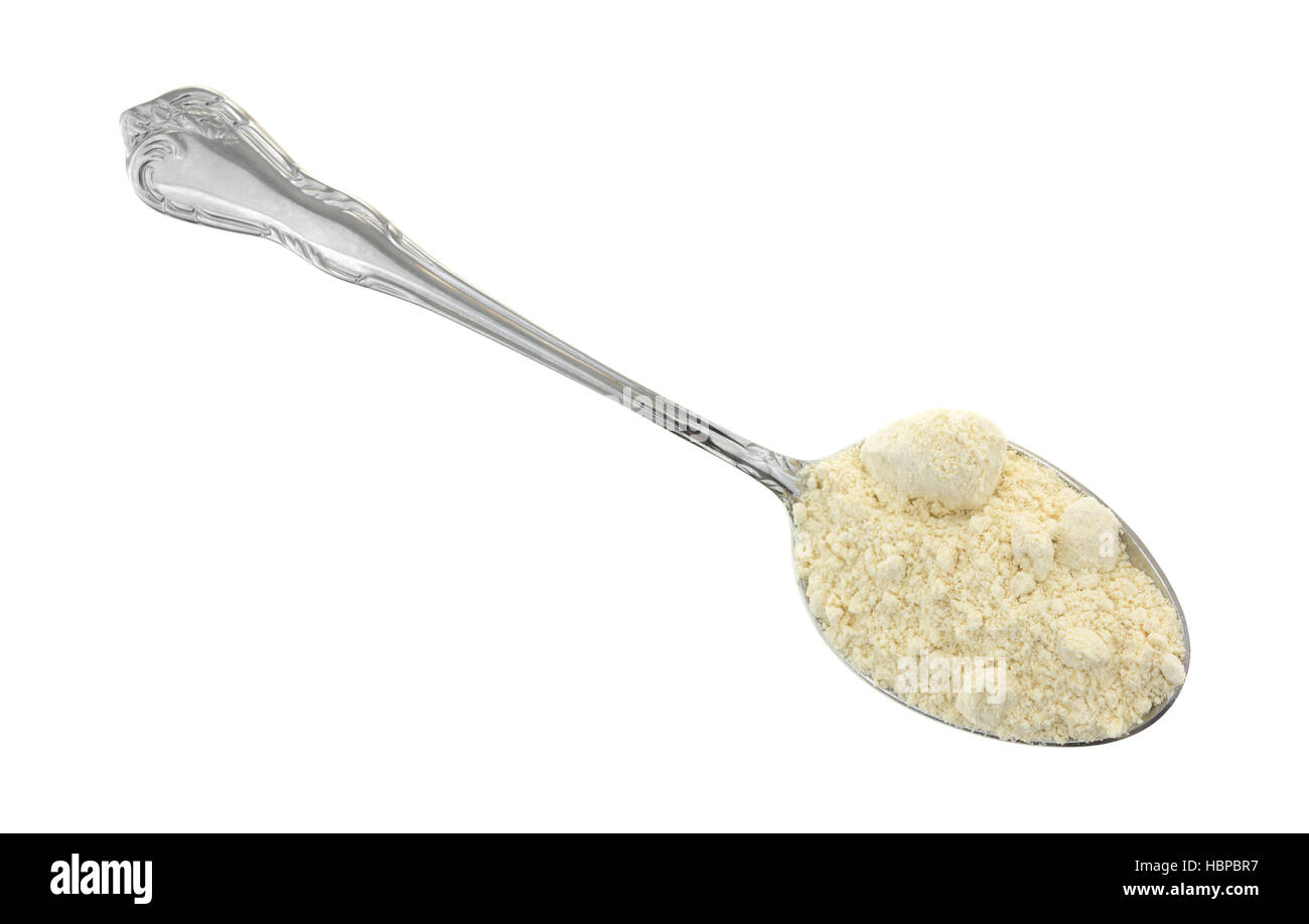 Top view of a spoonful of soy powder isolated on a white background ...