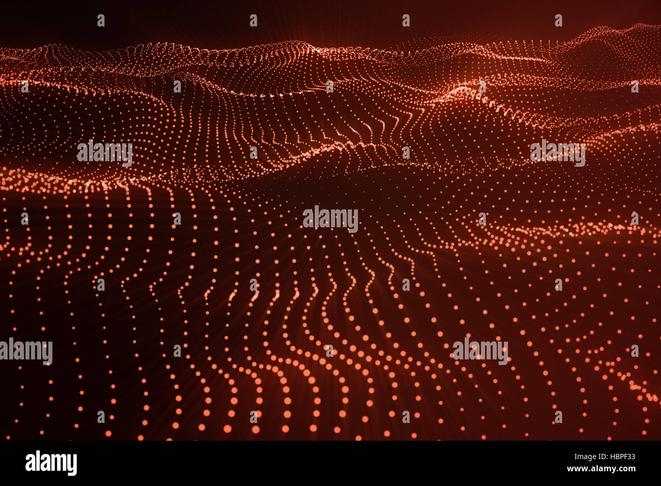 3d rendering Hi-tech digital terrain, red abstract space on dark background with connecting dots ...