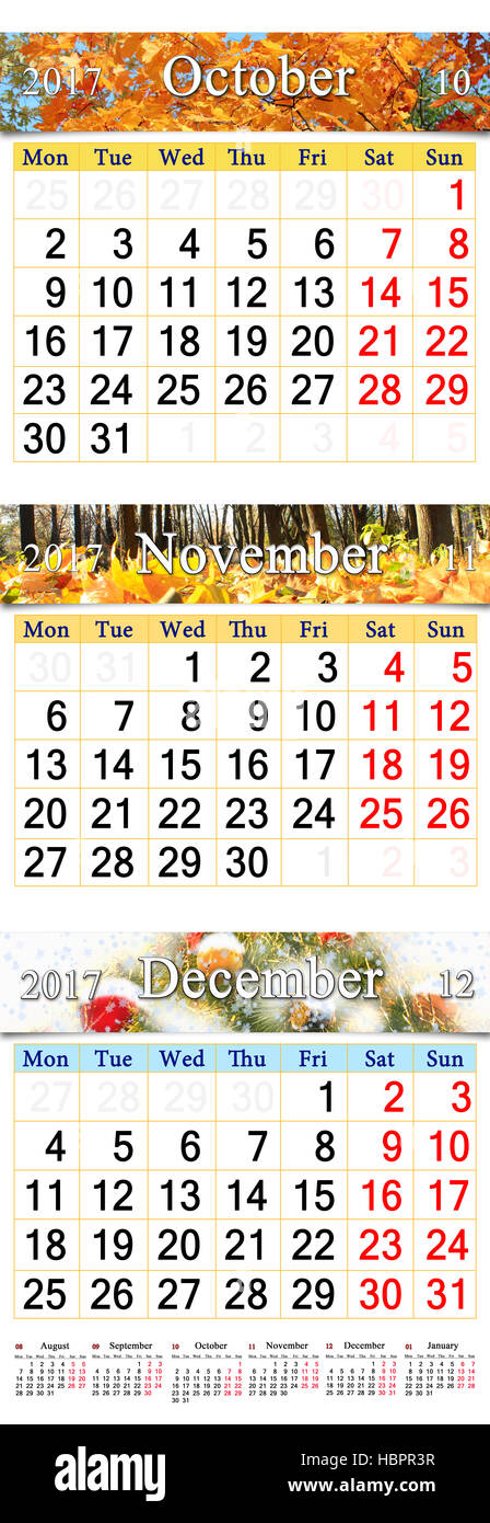 triple calendar October November and December 2017 with colored ...