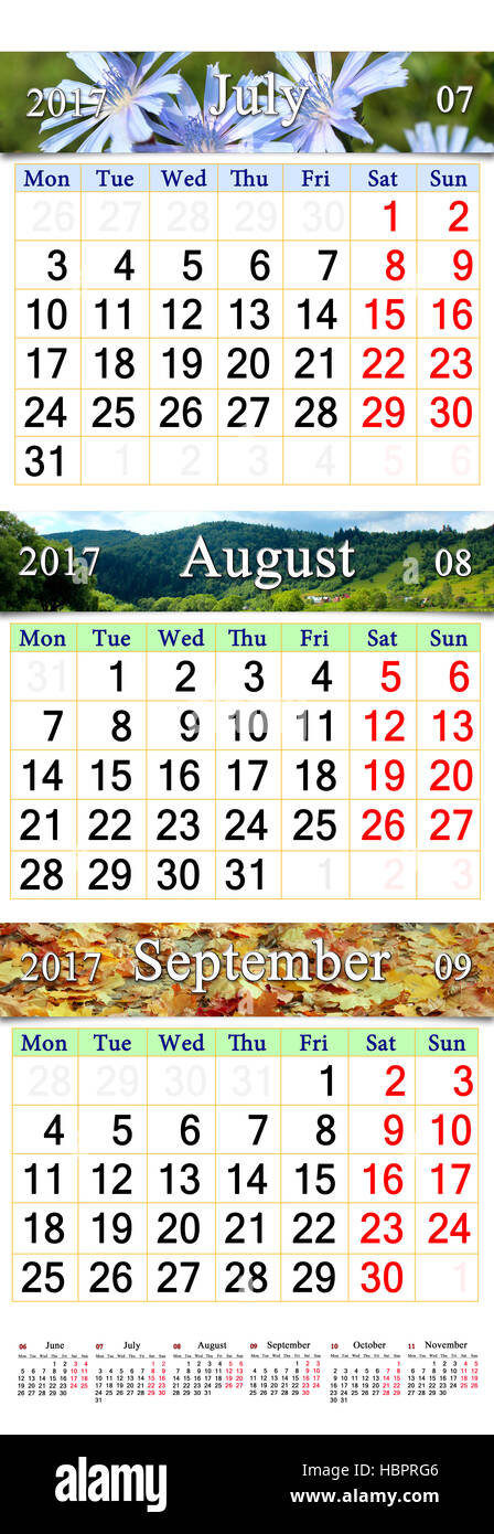 calendar for three months July August and September 2017 with images of ...