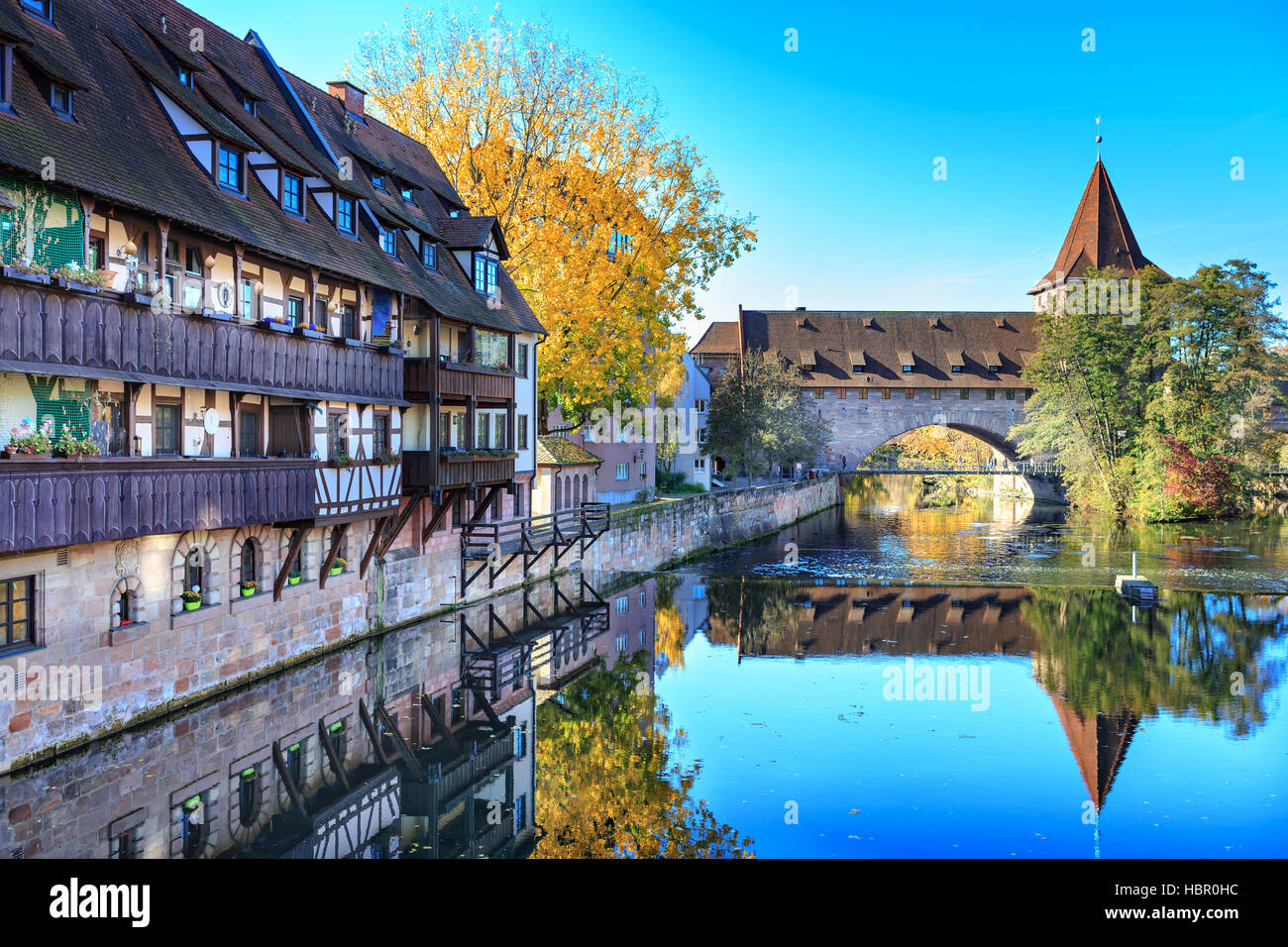 The riverside of Pegnitz river in Nuremberg town, Germany Stock Photo ...